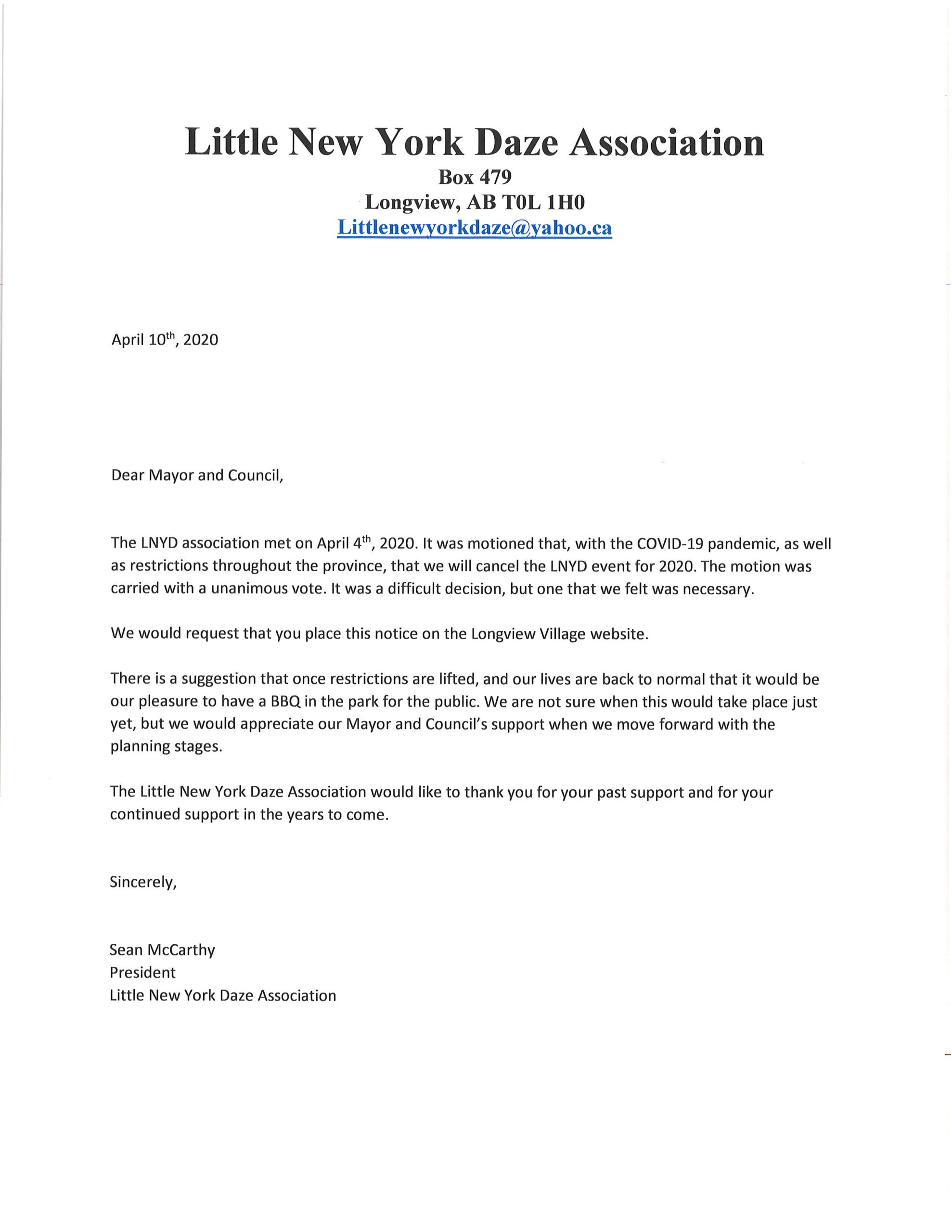 LNYD Letter – Village of Longview